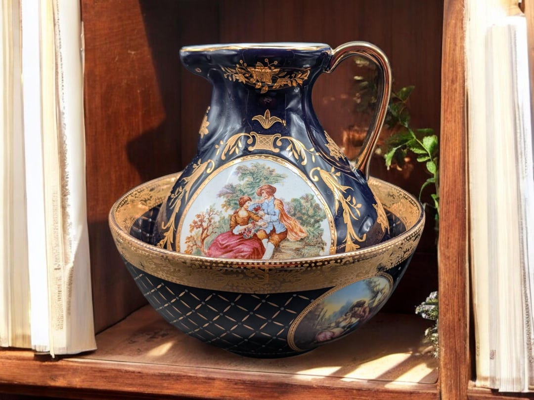 Antique-inspired Blue and Gold Water Pitcher and Bowl-contemporary ...
