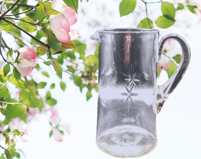 Vintage Clear Glass Water Pitcher, Cut Glass 6 Point Star, Hand Blown ...