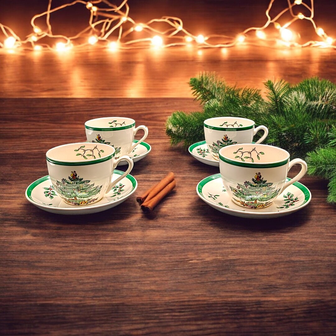 Spode Christmas Tree Cups and Saucers: Green Trim, Set of 4 - Etsy