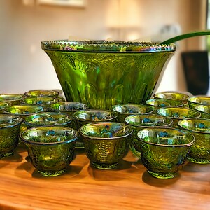 Vintage Indiana Carnival Glass Green Iridescent Punch Bowl Complete Set ...