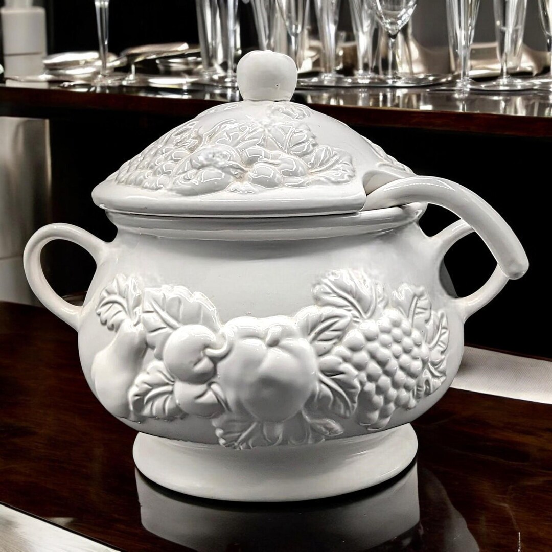 Vintage White Ceramic Soup Tureen and Lid W/ladle Nature Pattern by ...