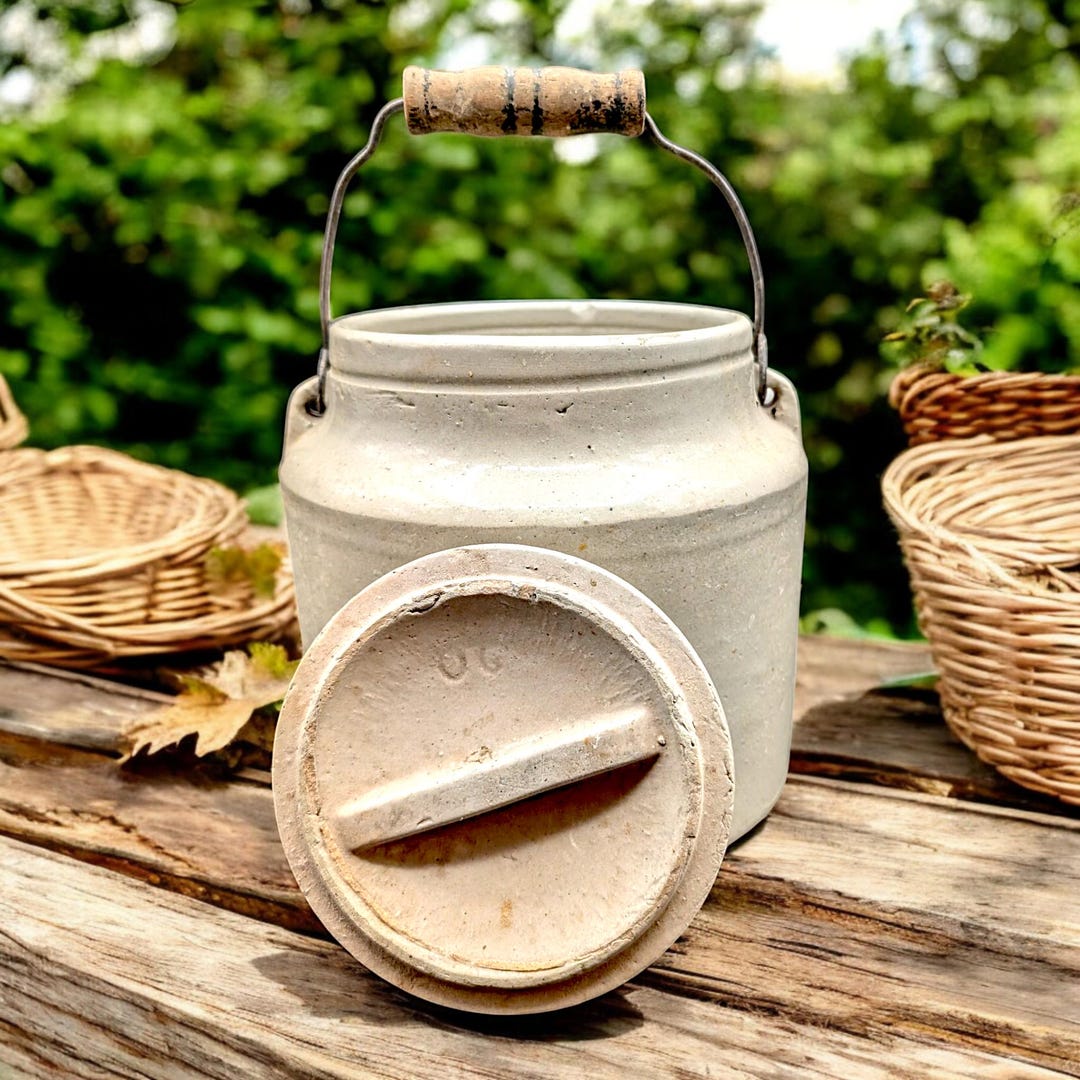 Antique Stoneware Glazed Pickle Crock With Original Lid and Wire Bail ...