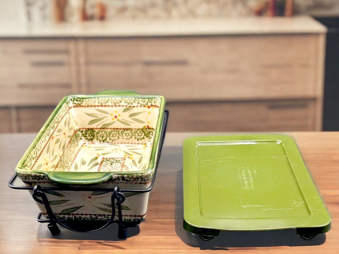 Rare Temptations Old World Green 8 Inch Loaf 1.5 Quart Dish With Wire ...