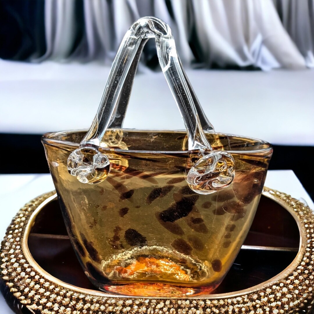 Vintage Hand Blown Art Glass Purse Vase Brown Leopard Print in ...