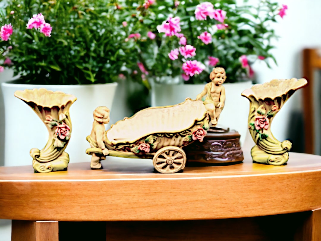Rare Vintage Lefton Cherub Cart Compote & Cornucopia Vases Set, 1950s ...