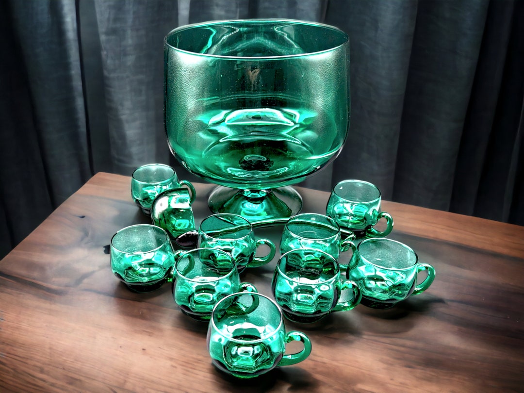 Beautiful Emerald Green Hand Blown Crystal Pedestal Punch Bowl Includes ...
