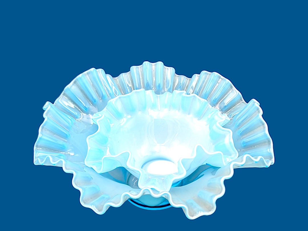 Pair Vintage Fenton Light Blue Ruffled Edge Bowls 9.5 X 4.5 and 6.75 X ...