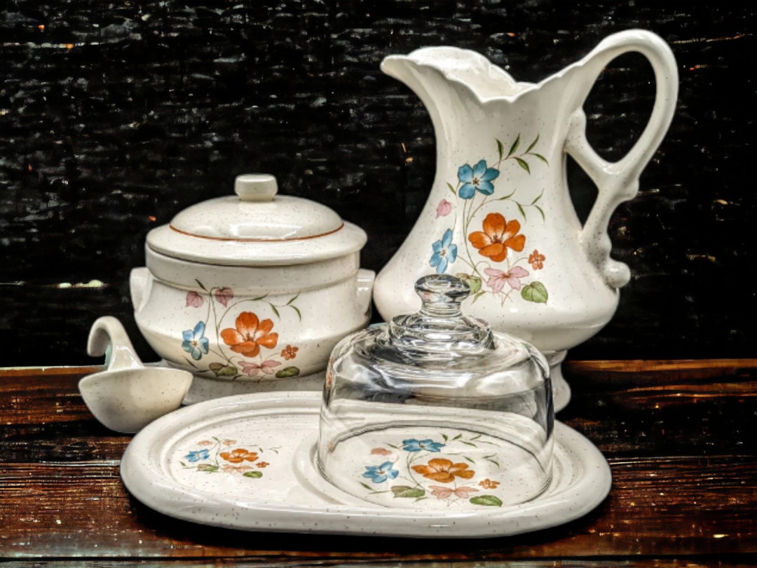 Vintage Treasure Craft Pottery Set: Floral Pitcher, Cheese Dome, Tureen ...