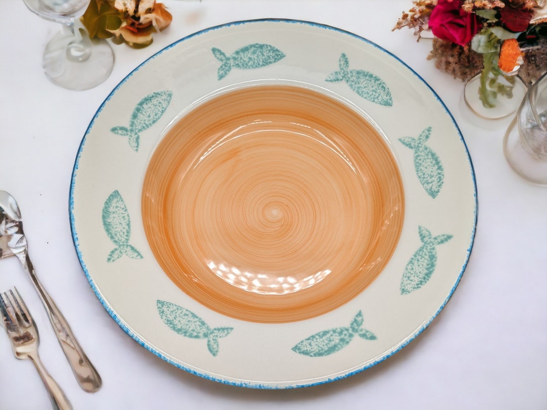 Dudson Stoke-on-trent Ceramic Serving Bowl: Teal Fish, Orange Center ...