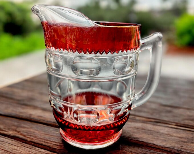 Kings Crown Red and Clear Pitcher 7.5 Inches Tall Ice Lip Vintage ...