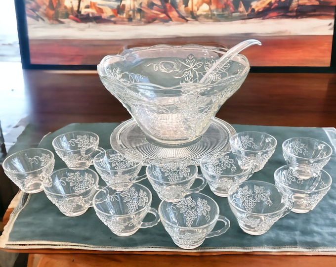 Vintage Anchor Hocking Glass Punch Bowl Grape Vine Pattern With 12 ...