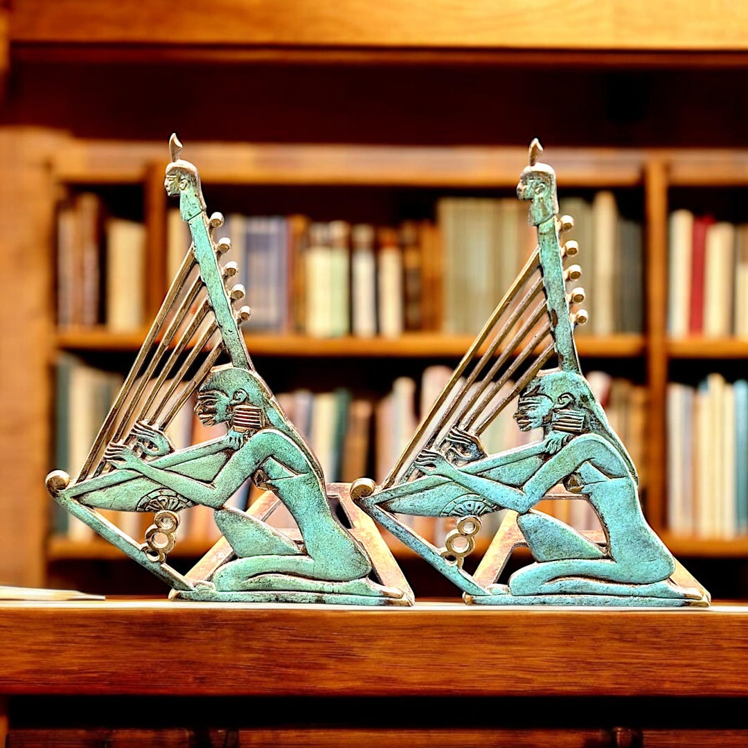 Vintage Egyptian Style Bronze Bookends: Women Playing Harp, Made in ...