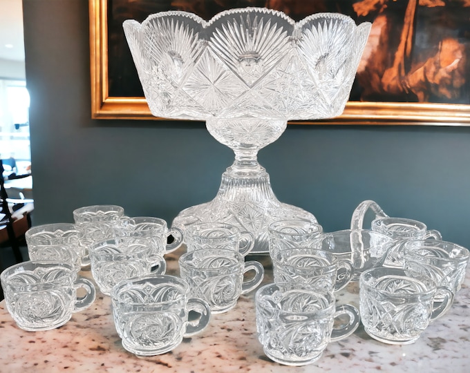 Real Cut Glass Pedestal Punch Bowl 14 Inches Across With Crystal Ladle ...