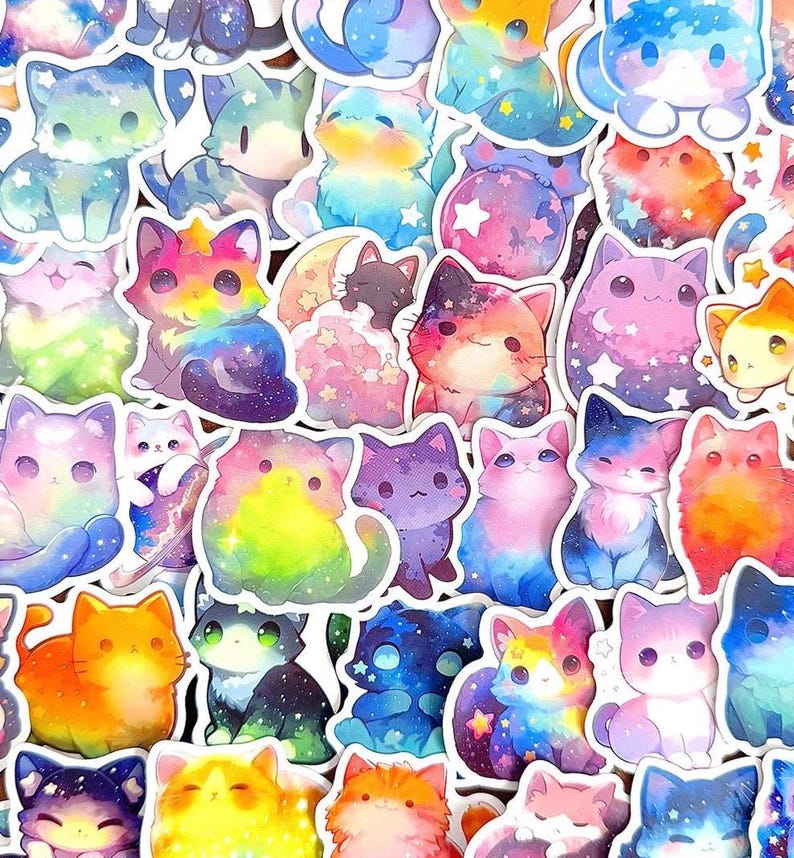 50pcs Kawaii Galaxy Cat Stickers Pack Cute Cosmic Kitty Waterproof ...