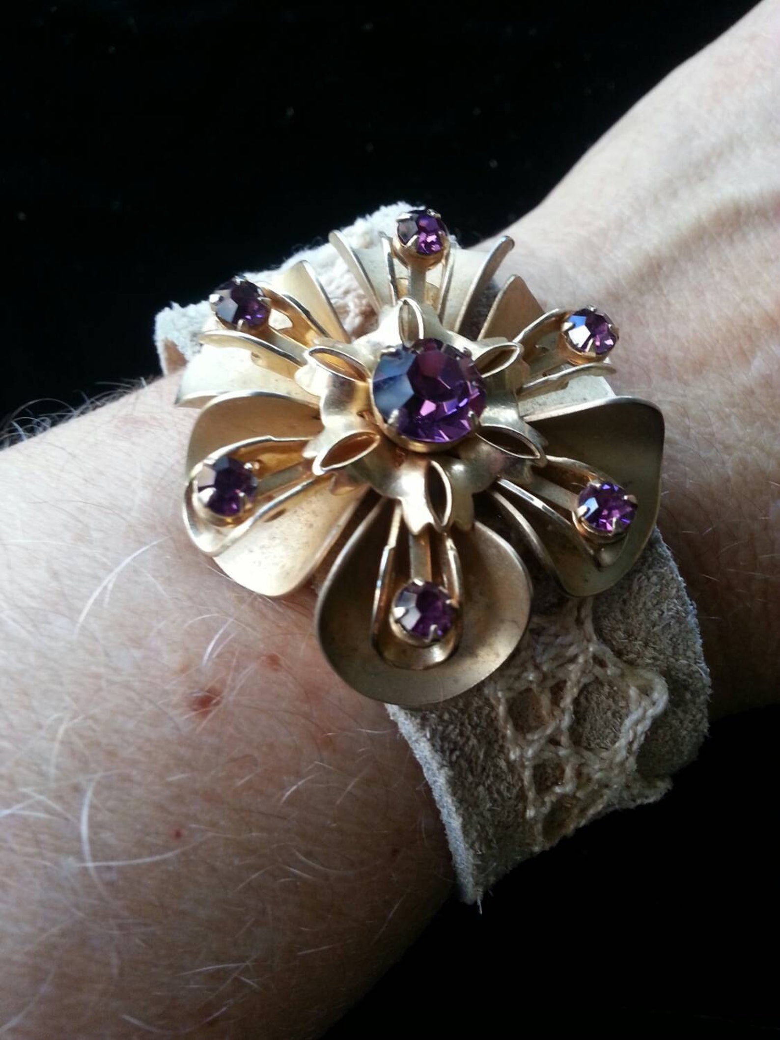 Suede Cuff With Vintage Jewelry and Lace Upcycled Vintage Jewelry OOAK ...