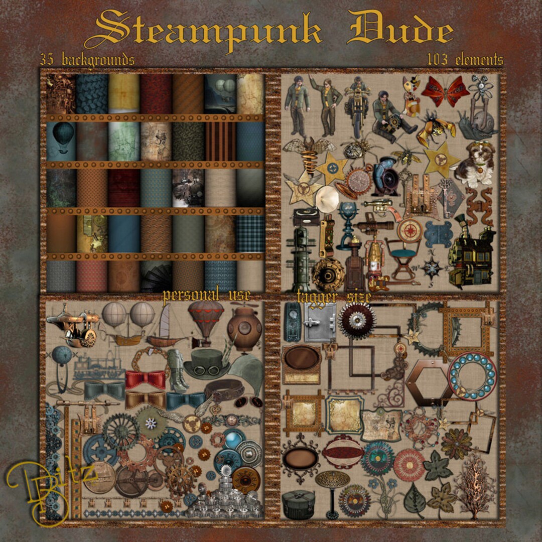 Steampunk Dude Digital Scrapbook Kit Jpg, Transparent Png - Etsy