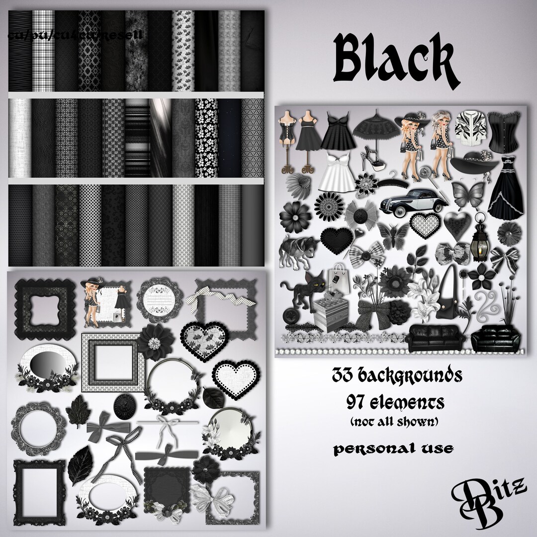 Black Digital Scrapbook Kit Transparent Png and Jpg Files - Etsy
