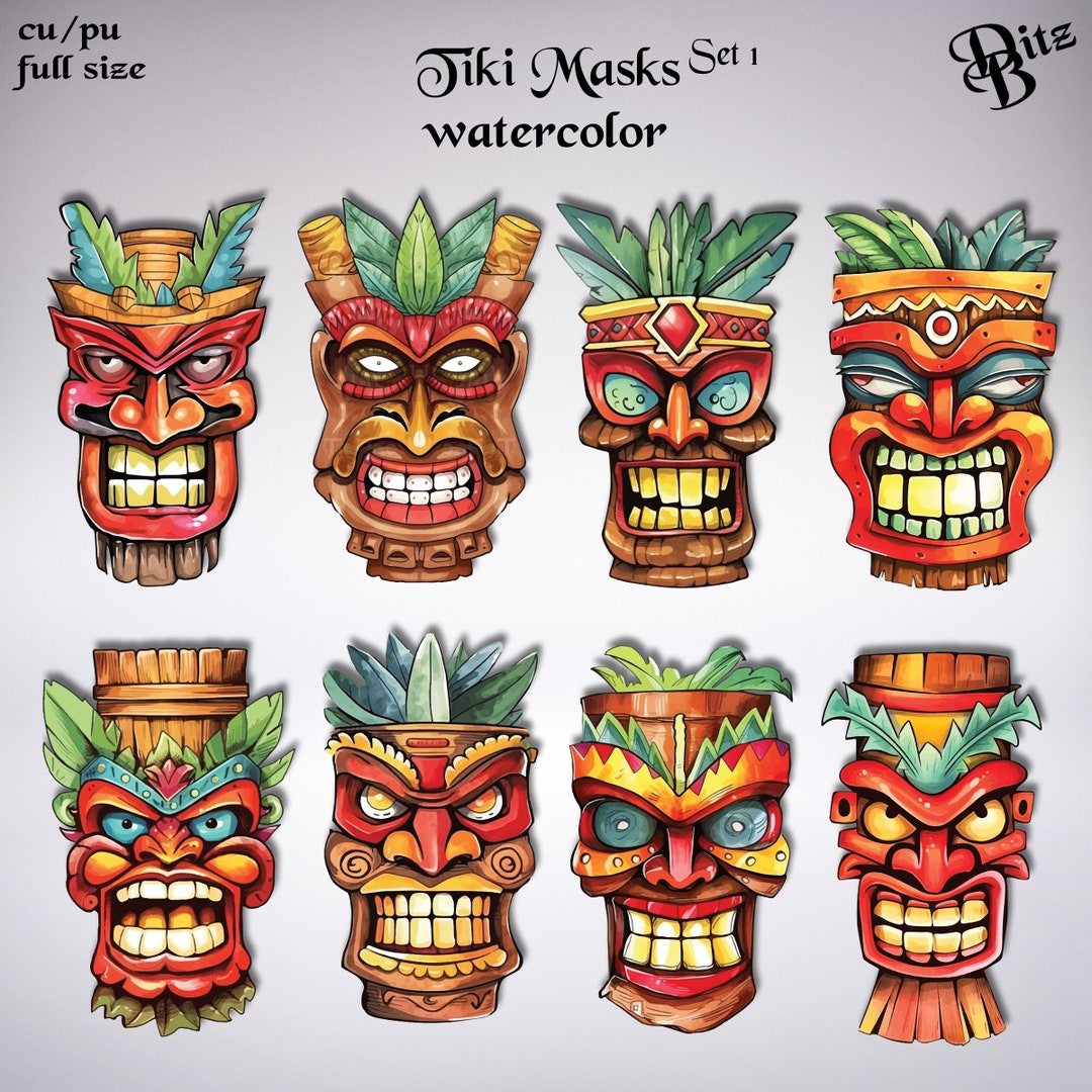 Tiki Masks Set 1 Digital Clipart Transparent Png - Etsy
