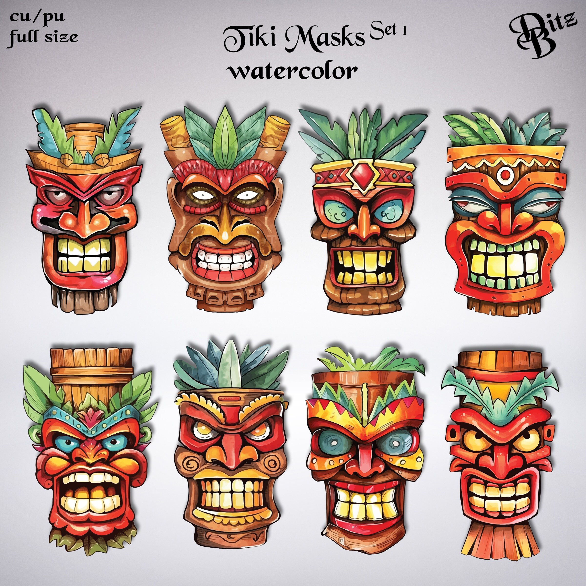Tiki Masks Set 1 Digital Clipart Transparent Png - Etsy