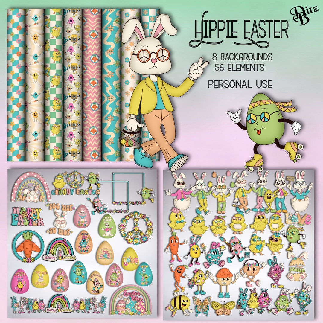 Hippie Easter Digital Scrapbook Kit Background Papers and Transparent ...