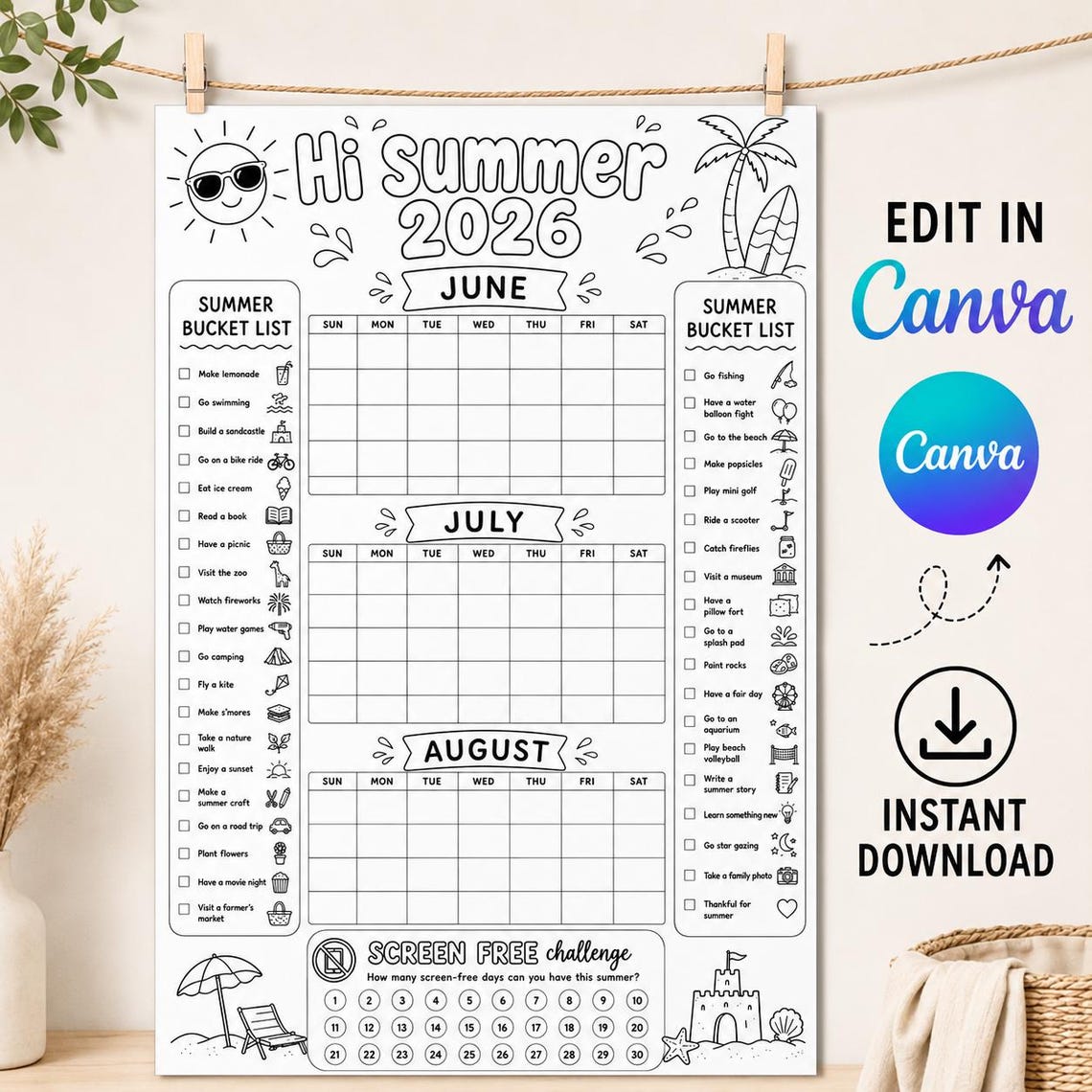 Editable 2026 Summer Calendar Poster, Family Summer Activities ...