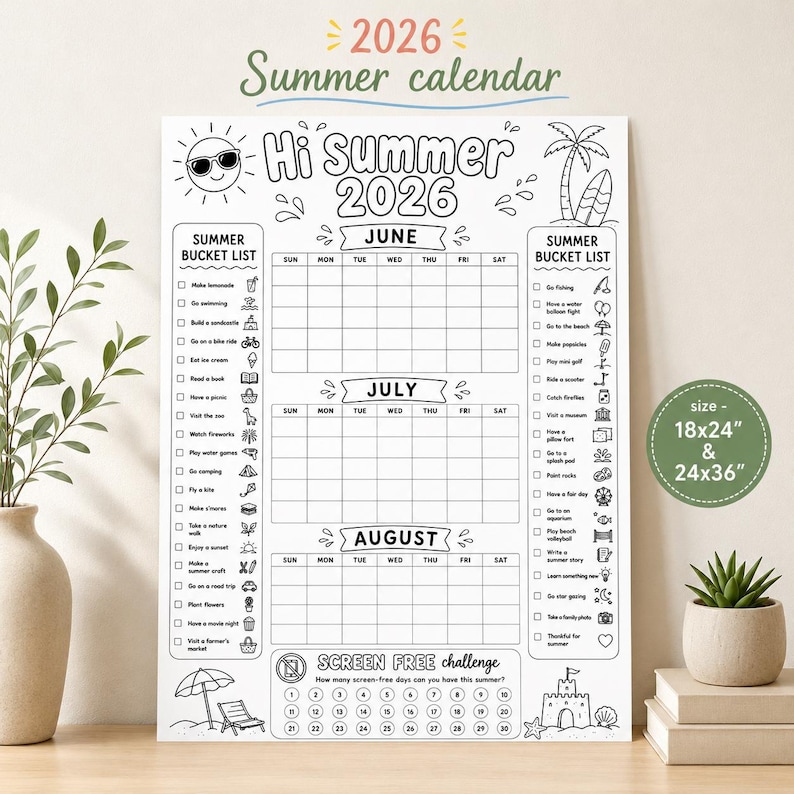 Editable 2026 Summer Calendar Poster, Family Summer Activities ...