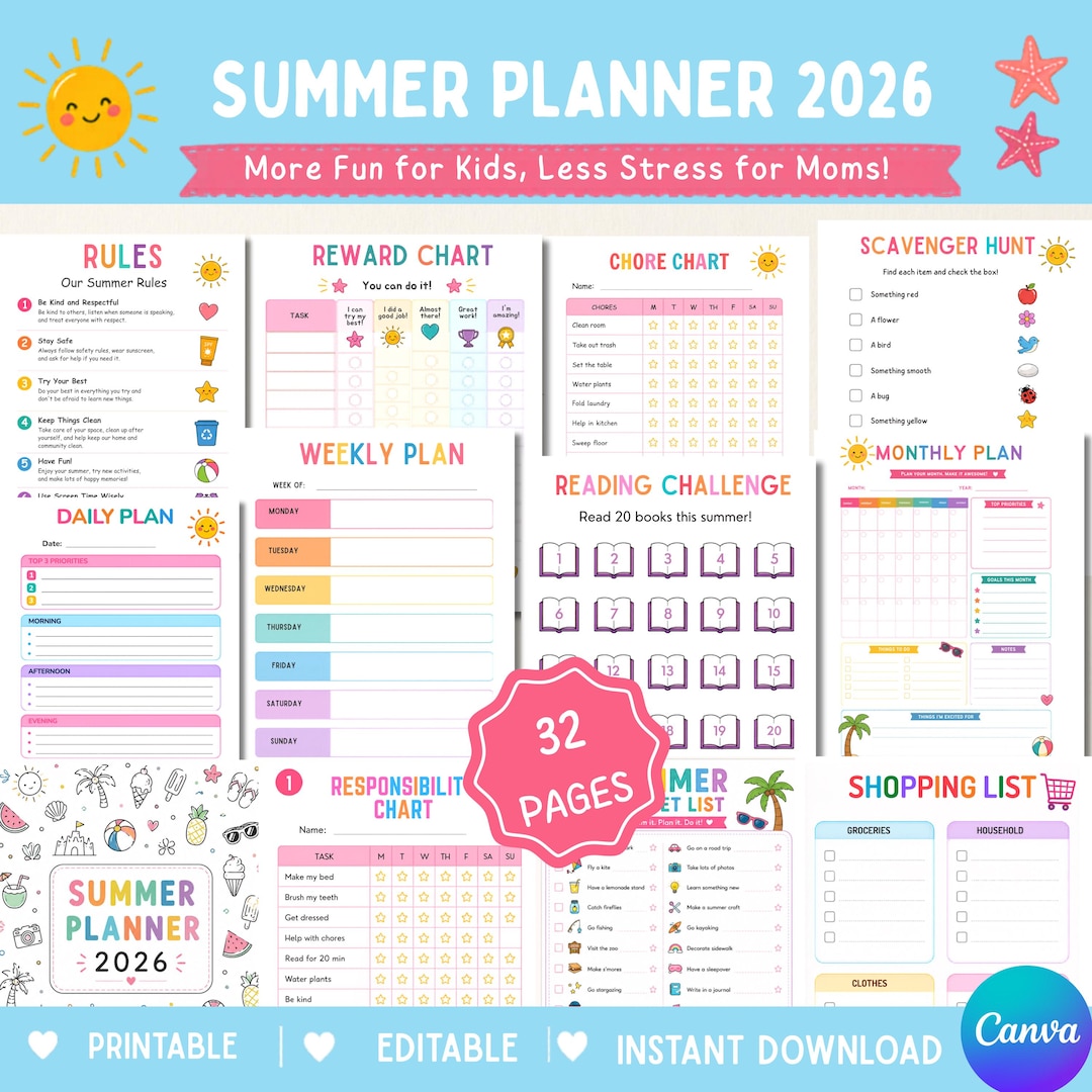 Planificador de verano 2026 para niños, planificador de verano editable ...