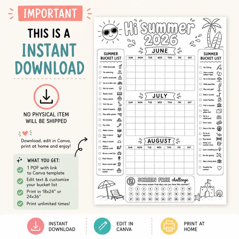 Editable 2026 Summer Calendar Poster, Family Summer Activities ...