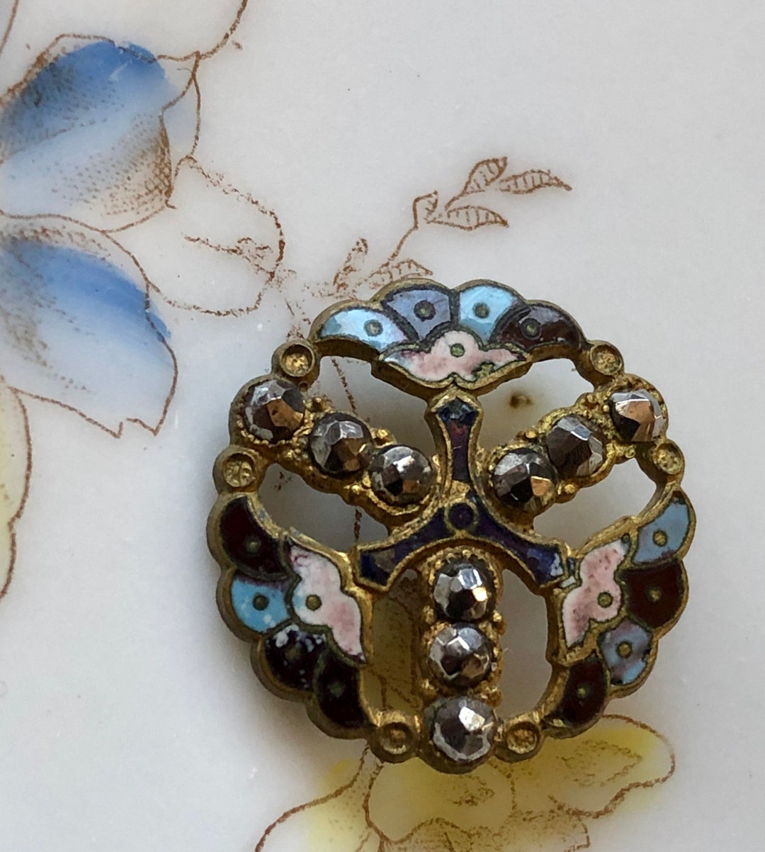 Antique Enamel Button 19th Century Open Work Rose and Blue - Etsy