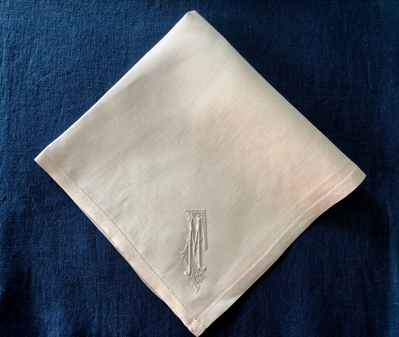 M Madeira Embroidered Mens Vintage White Linen Handkerchief Hemstitched ...