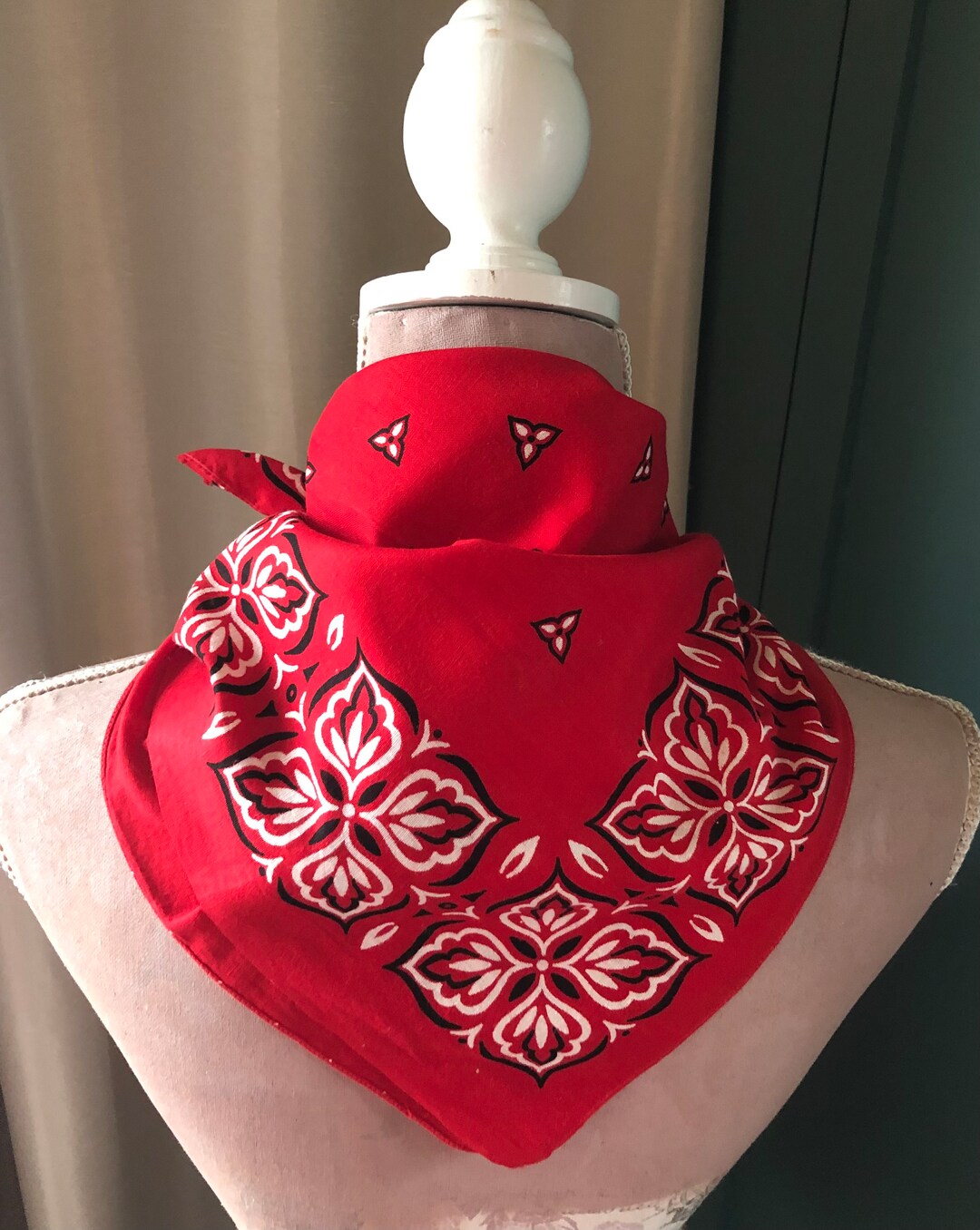 Vintage 70s Cotton Bandana: Red, Black & White Floral Print - Etsy