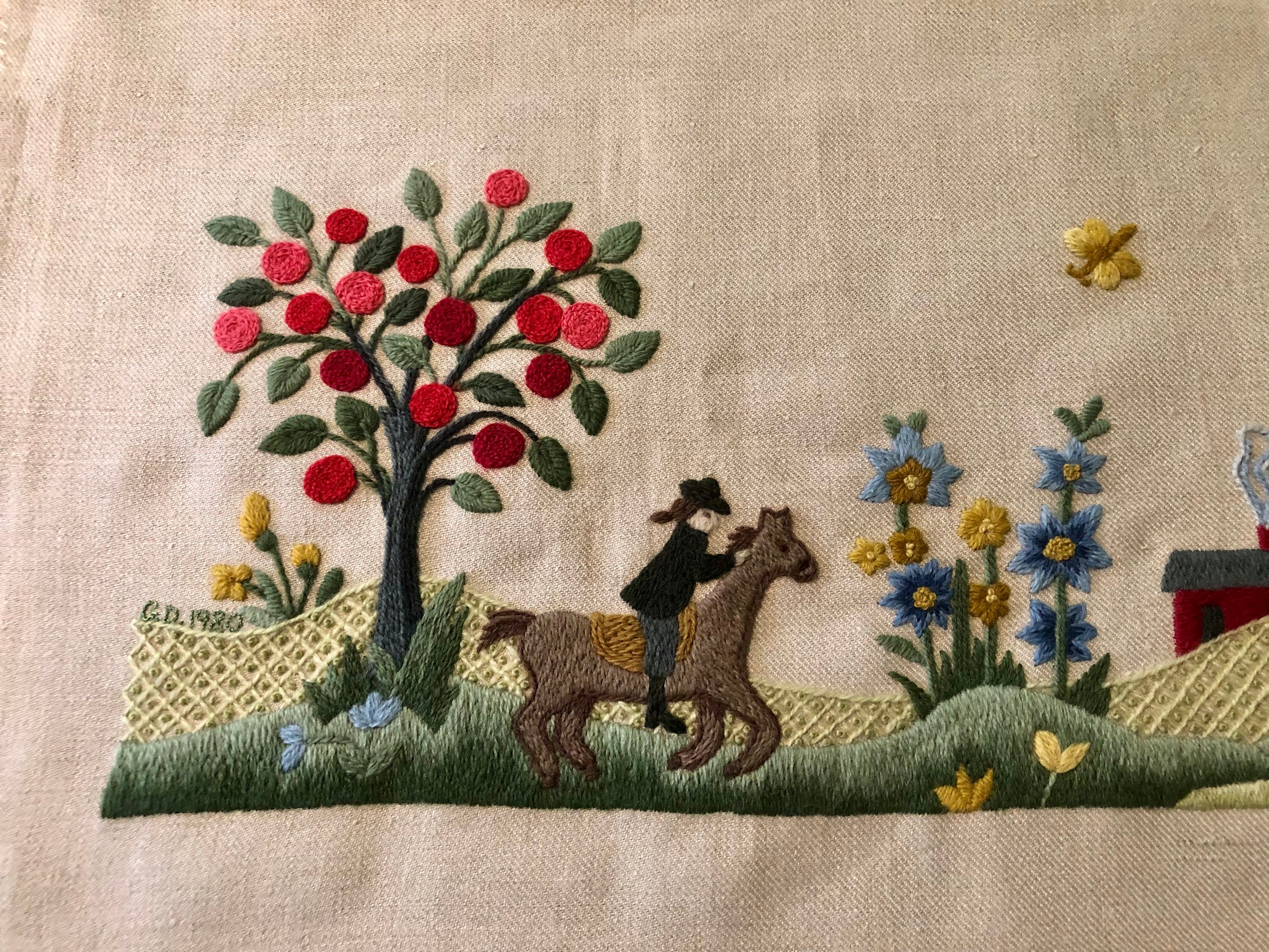 Vintage Crewel Embroidered Colonial Rider on Horseback Completed Hand ...