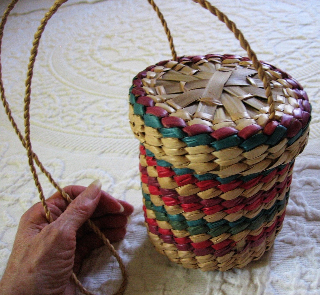 Vintage 70s Woven Straw Basket Purse: Round Boho Shoulder Bag - Etsy