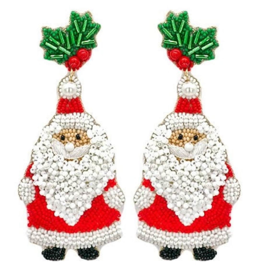 Christmas Santa Claus Clip on Earrings Seed Beaded Lightweight Clipon ...
