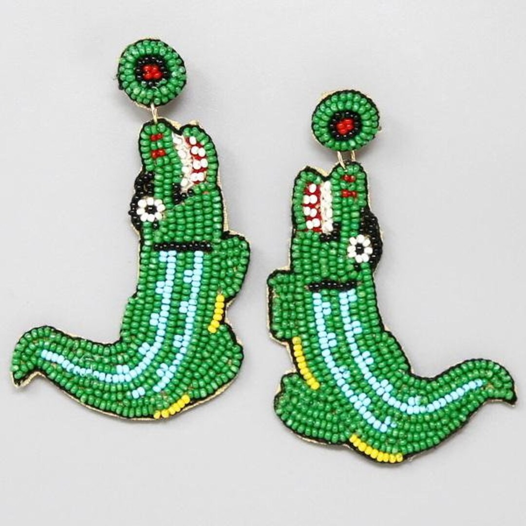 Clip on Green Alligator Seedbead Earrings Crocodile Seed Beaded Clipon ...