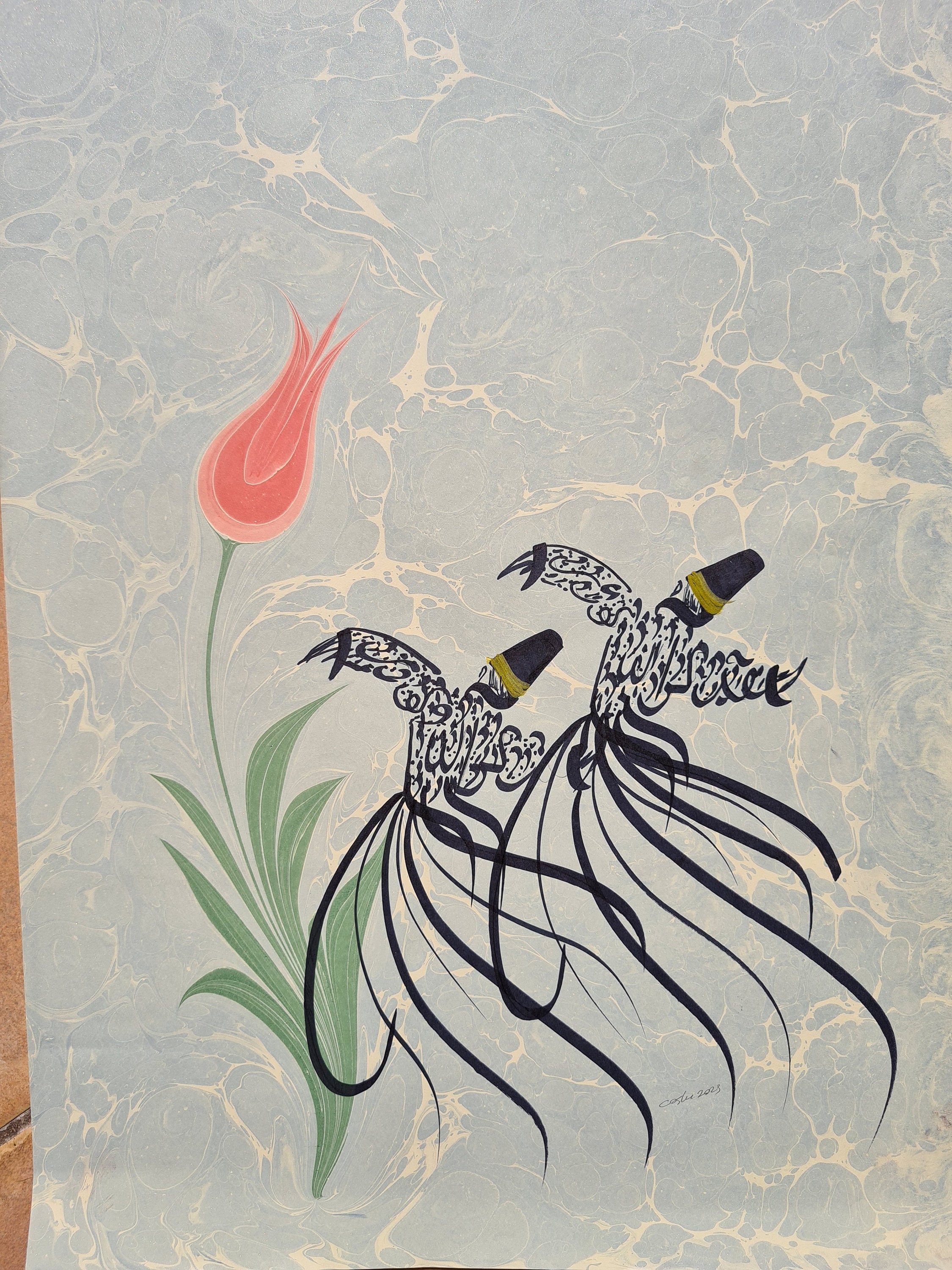 Dervish Painting Marbling Erbu With Flower - Etsy