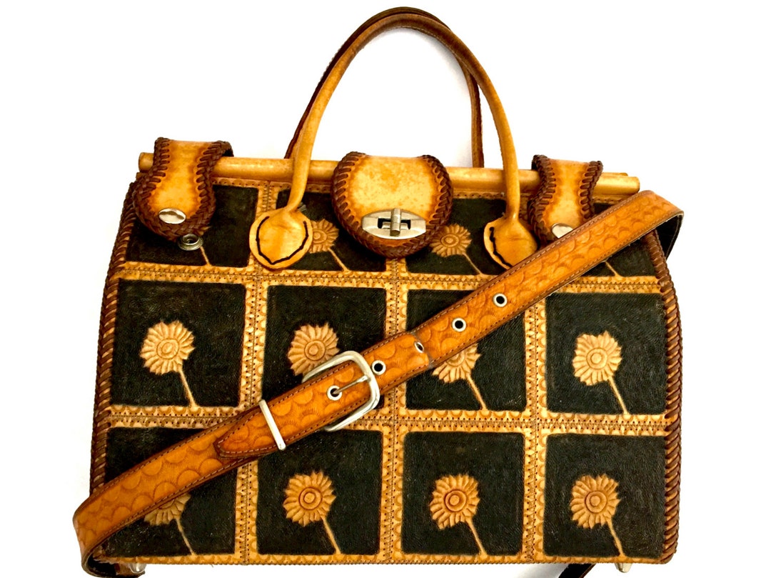 Vintage Hand Tooled Large Metal Frame Top Handle Satchel Tote With ...