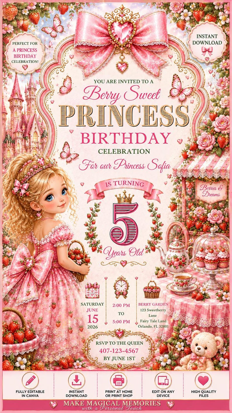 Berry Sweet Princess Birthday Invitation Editable Canva Template ...