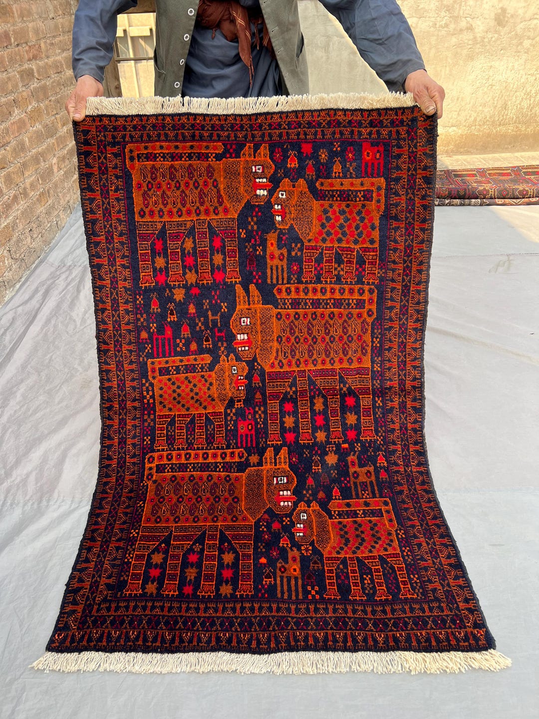 Vintage Afghan Pictorial Rug 3x4ft, Handmade Wool Animal Lion Dog Motif ...