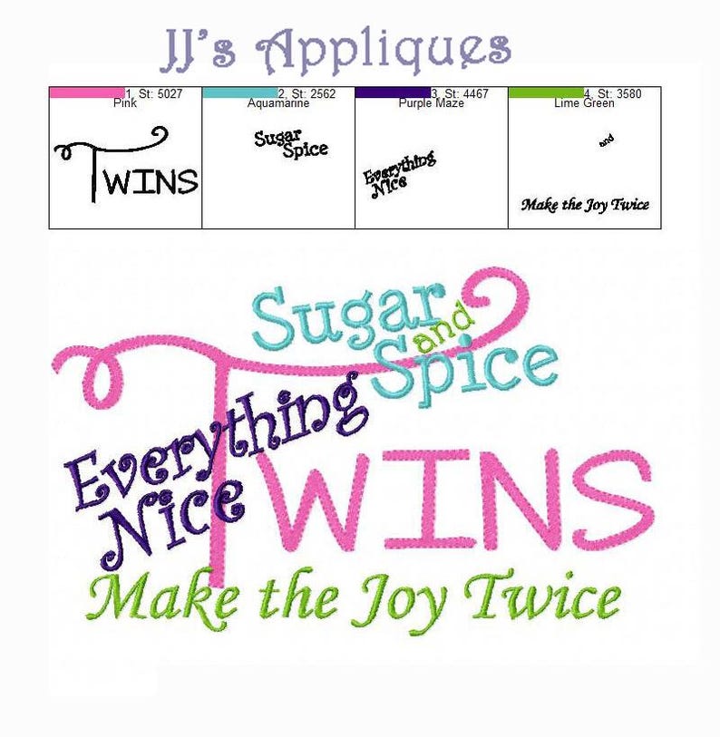 Twins, Sugar and Spice, Make the Joy Twice Embroidery 4x4, 5x7, 6x10 ...