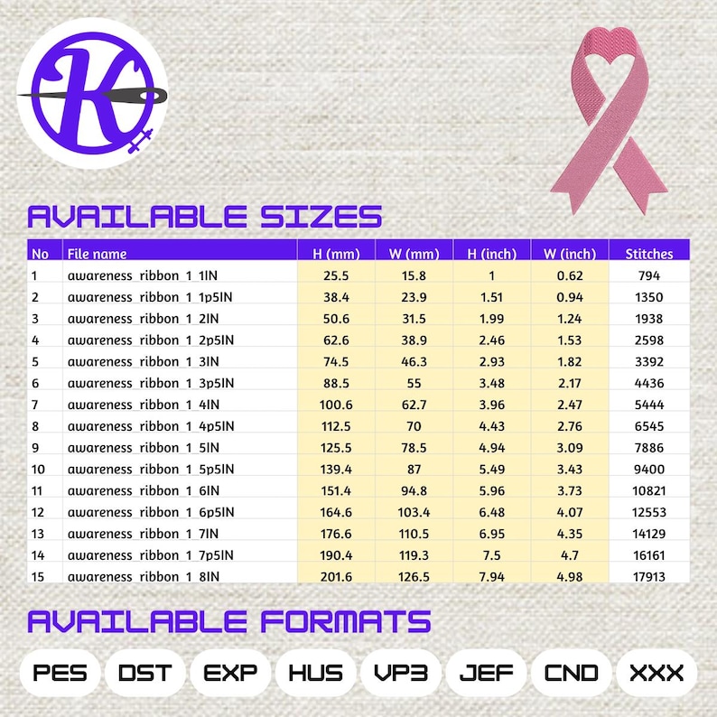 Awareness Ribbon Embroidery Design, Minimalist Icon, 15 Sizes 1-8 Inch ...
