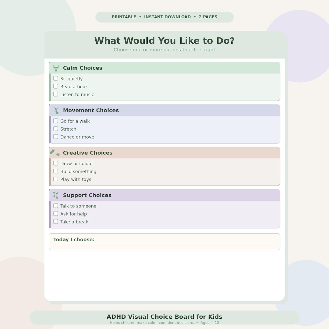 ADHD Visual Choice Board Printable | Kids Decision Support Chart ...