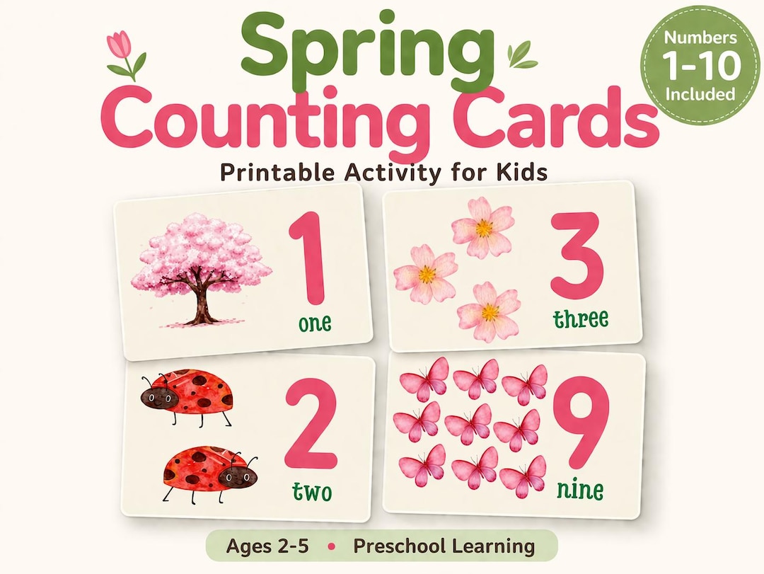 Spring Counting Cards Printable for Kids, Montessori Number Learning ...