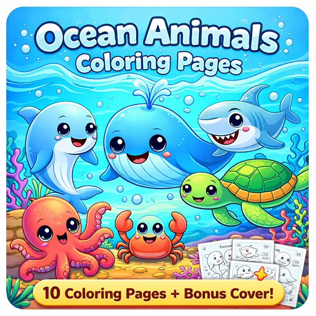 Ocean Animals Coloring Pages V1 – Kawaii Kids Printable PDF (10 Designs ...