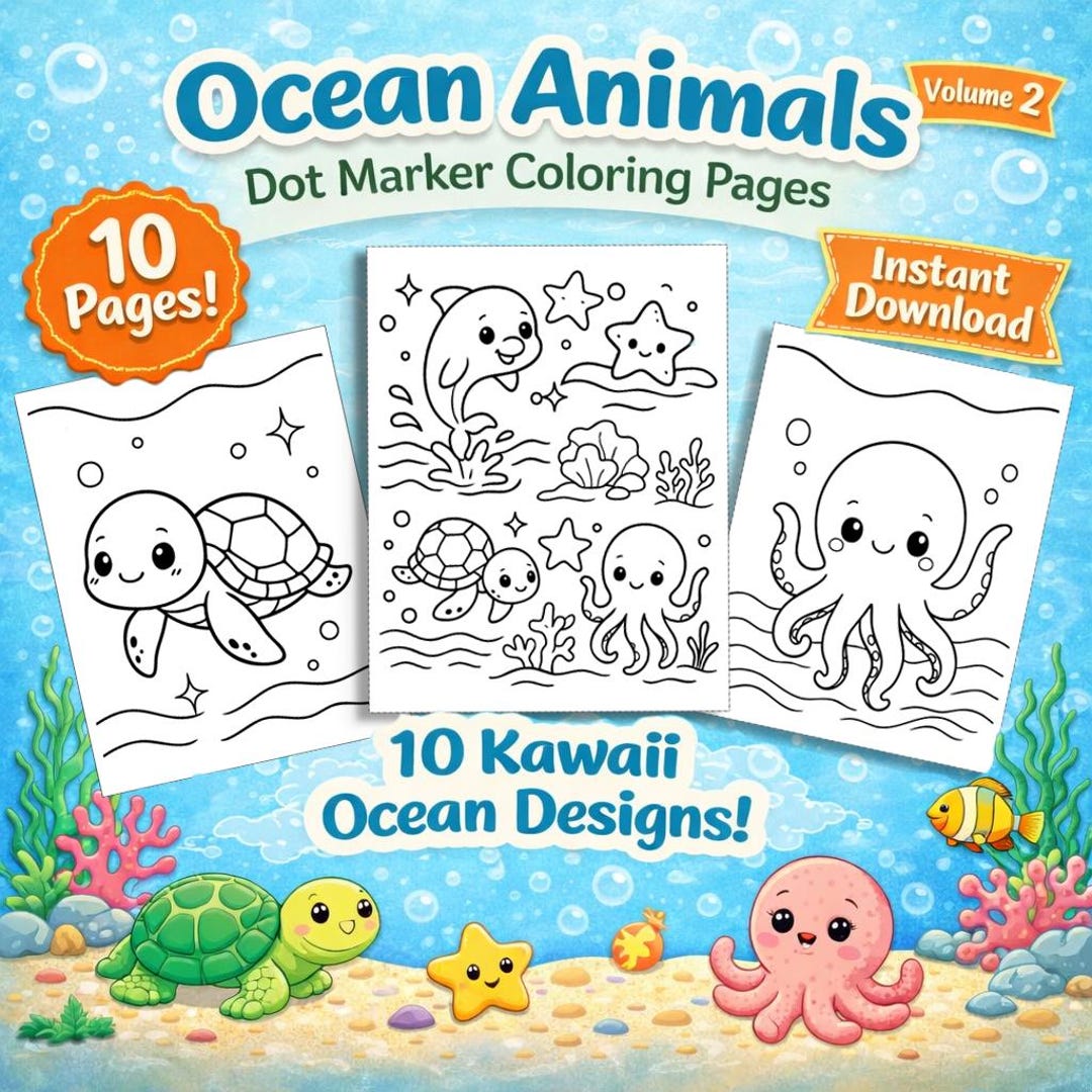 Kawaii Ocean Animals Coloring Pages V2 – 10-page Printable Set | Sea ...