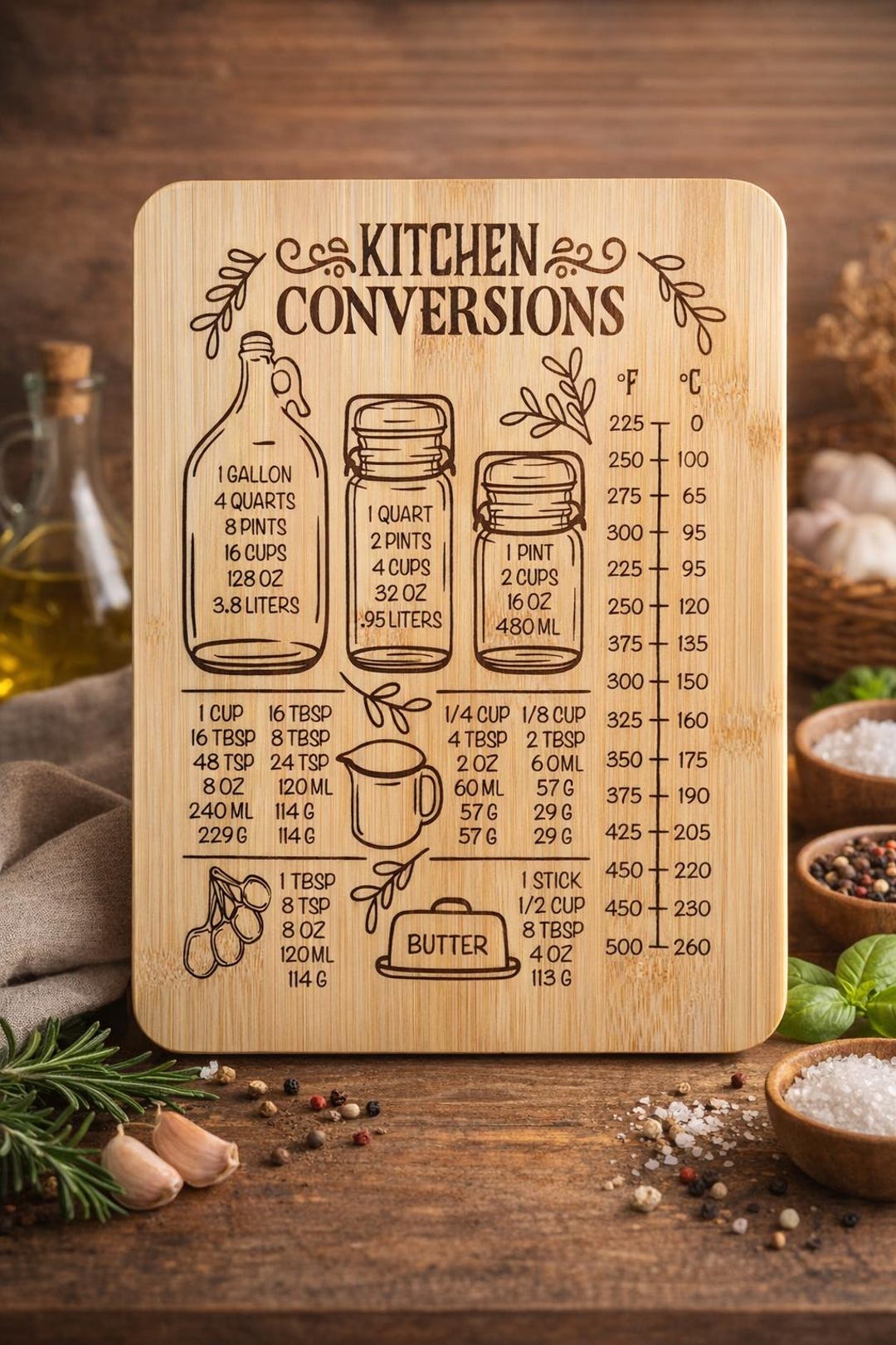 Engraved Bamboo Kitchen Conversion Chart Cutting Board | Cooking ...