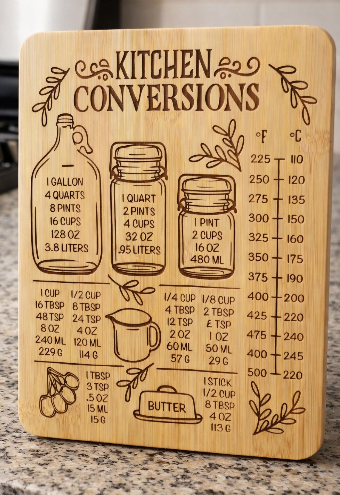 Engraved Bamboo Kitchen Conversion Chart Cutting Board | Cooking ...