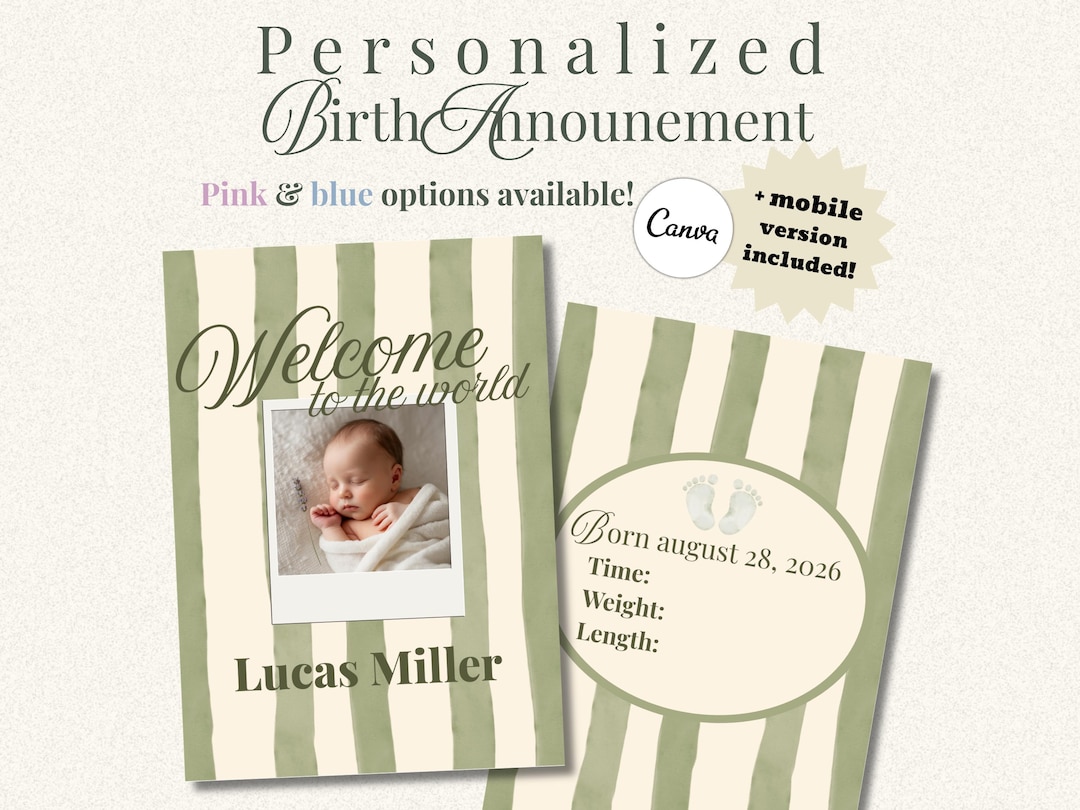 Custom Birth Announcement Template | Editable Canva Baby Announcement ...