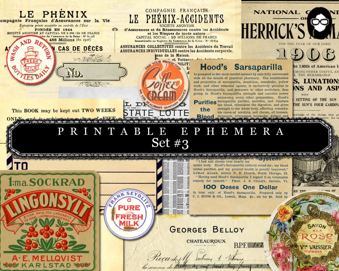 Ephemera Paper Pack - Printable Ephemera Set # 3 - 30 Pg Instant ...