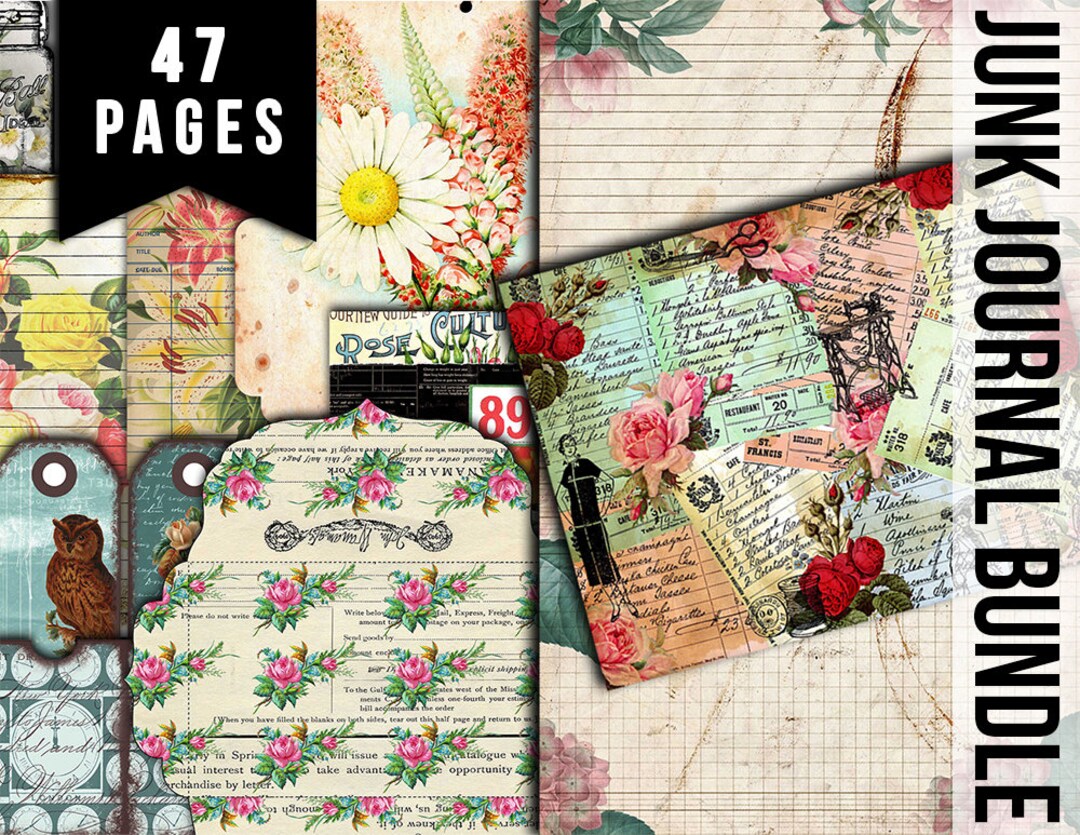 Journaling Bundle, Junk Journal Pages & Ephemera Bundle #18 -47pg ...
